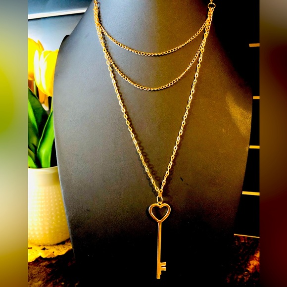 Jewelry | Gold Tone Heart Skeleton Key Necklace Layered Look | Poshmark